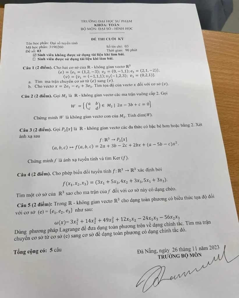 Đề Thi Đại Số Tuyến Tính Có Đáp Án File PDF Miễn Phí